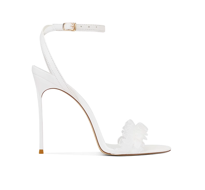 White HERBI Ruffled Ankle Strap High Heel Sandals - 10cm | i The Label ...