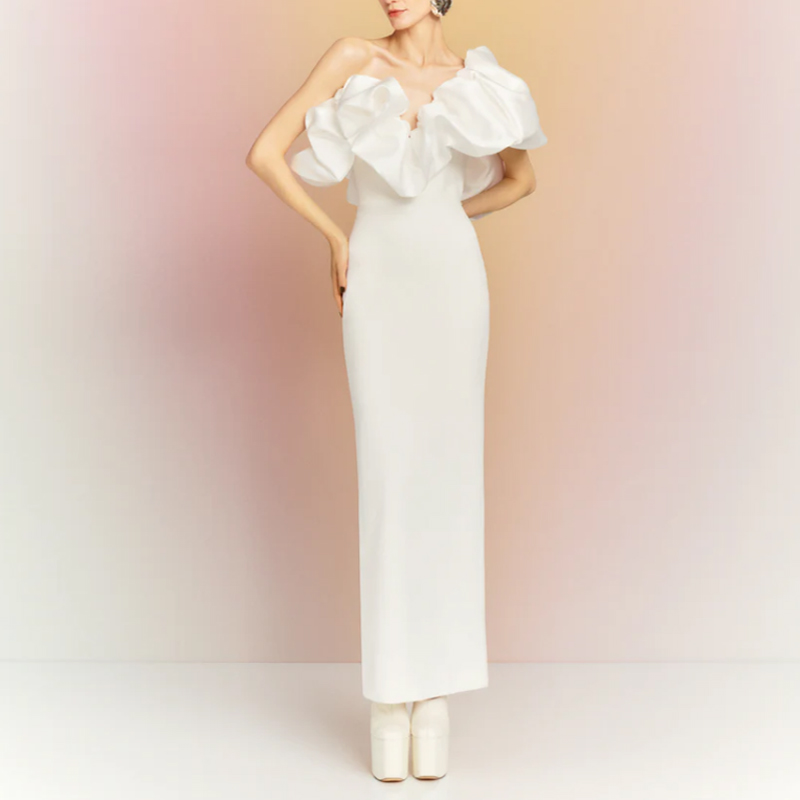 White MACVI Ruffled Evening Dress Gown | i The Label – I The Label
