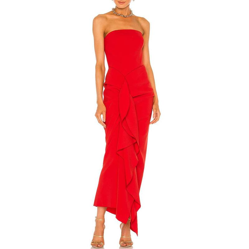 Red SECVR Ruffled Tube Evening Dress Gown | i The Label – I The Label