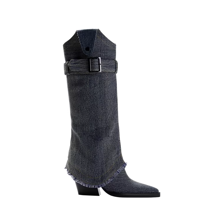 Navy SERUN Buckled Denim Knee High Boots| i The Label – I The Label