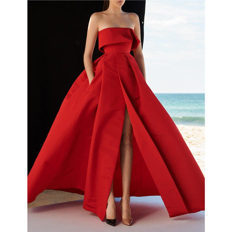 Red LOKIA Front Opening Tube Evening Dress Gown | i The Label – I The Label