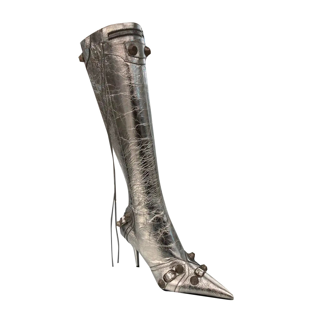 Pewter Grey RETHA Studded And Buckled Leather Knee High Boots | i The ...
